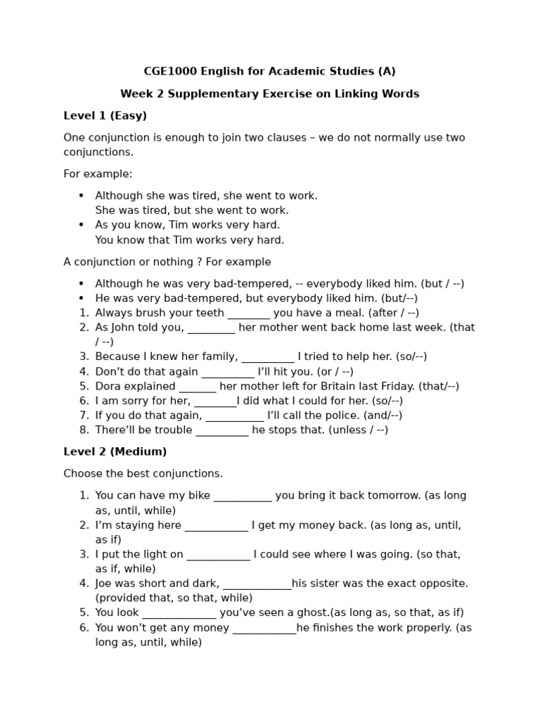 CGE1000 Linking Word Supplementary Exercise | PDF