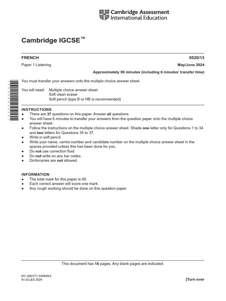 Cambridge IGCSE: FRENCH 0520/13 | PDF