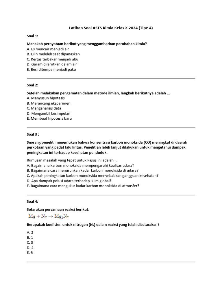 Latihan Soal ASTS Kimia X Semester Ganjil Tipe 4 | PDF