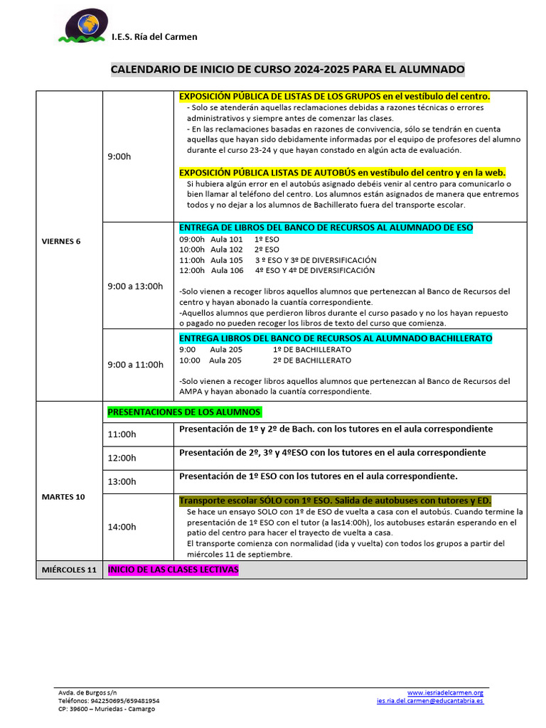 Calendario para Alumnos 24-25 | PDF