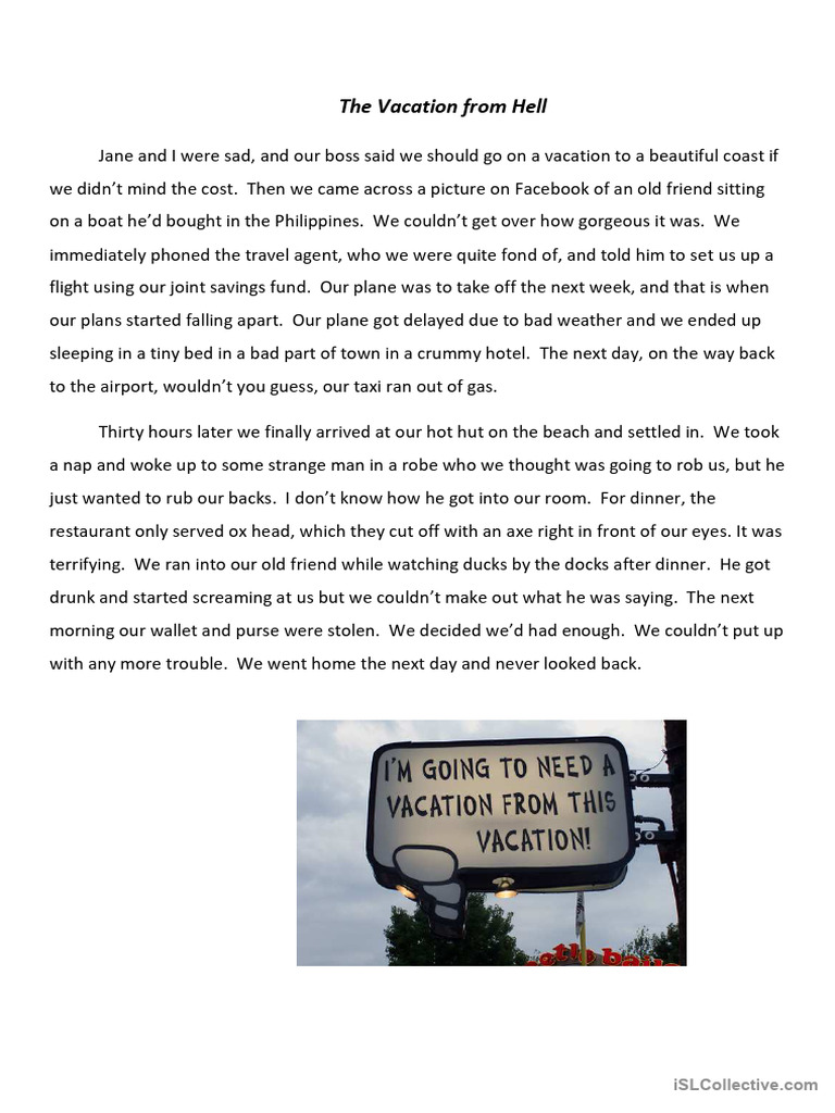 Phrasal Verb Vacation From Hell Story Reading, Matching, Questions Worksheets | PDF