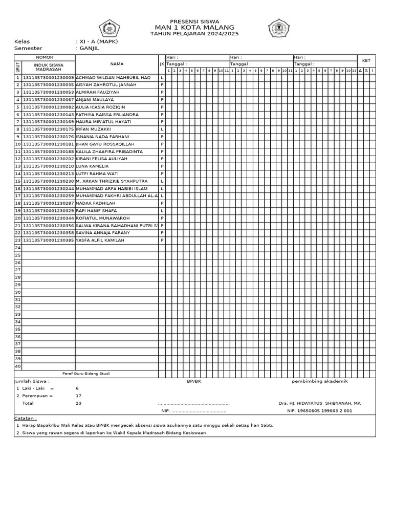 Presensi Xi Ganjil 2425 Fix | PDF