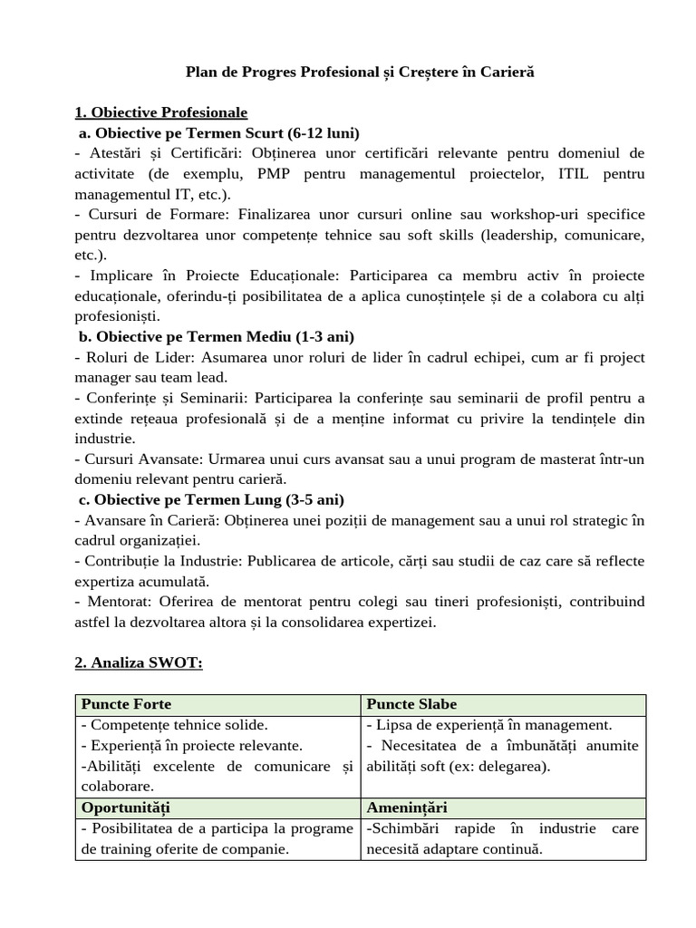 Plan de Progres Profesional Și Creștere În Carieră-Pascari Inga | PDF