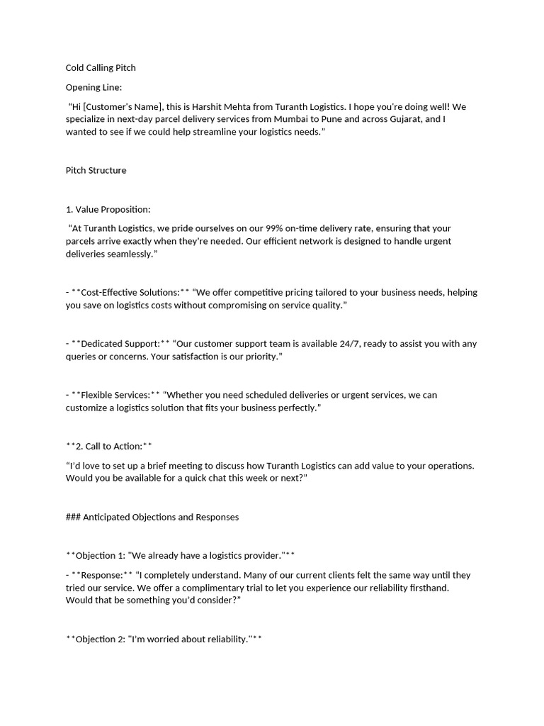 Cold Calling Pitch | PDF | Logistics | Business