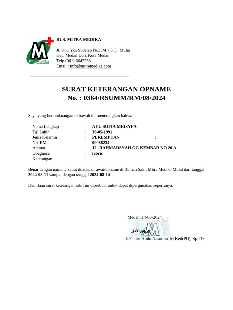 Surat Keterangan Opname | PDF