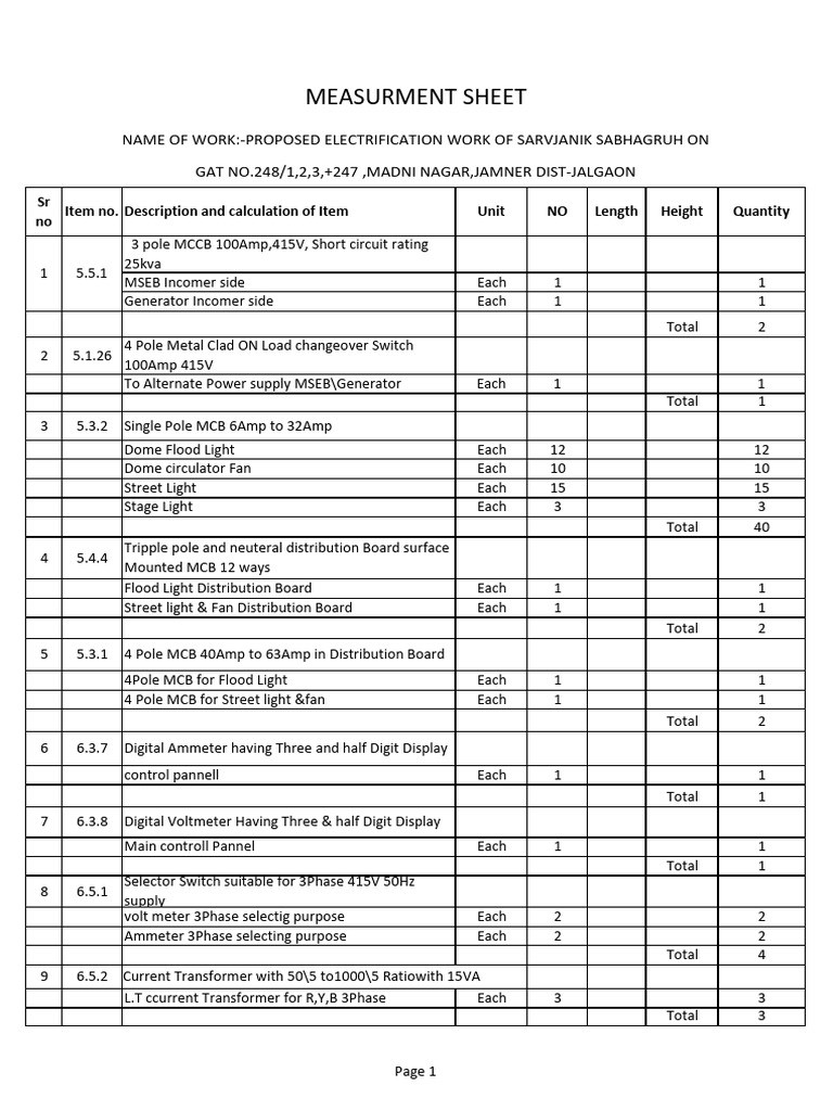 Measurment Sheet FINAL | PDF