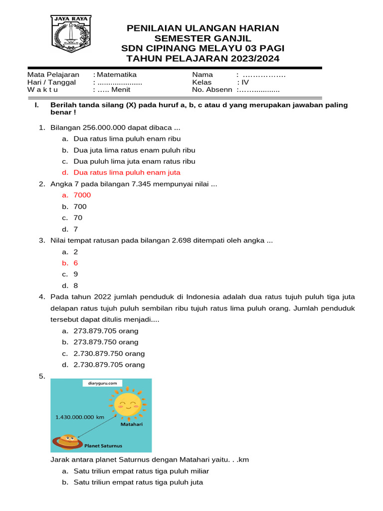 Soal Uh MTK Kls 4a 2023 | PDF