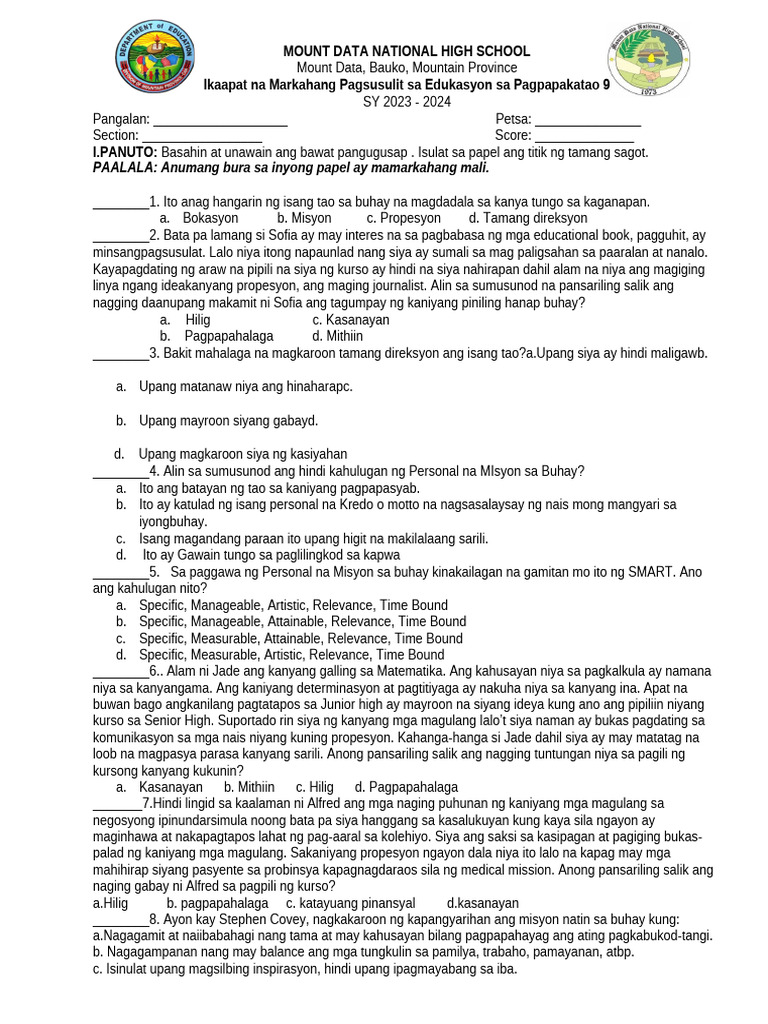 ESP 2nd quarter exam | PDF