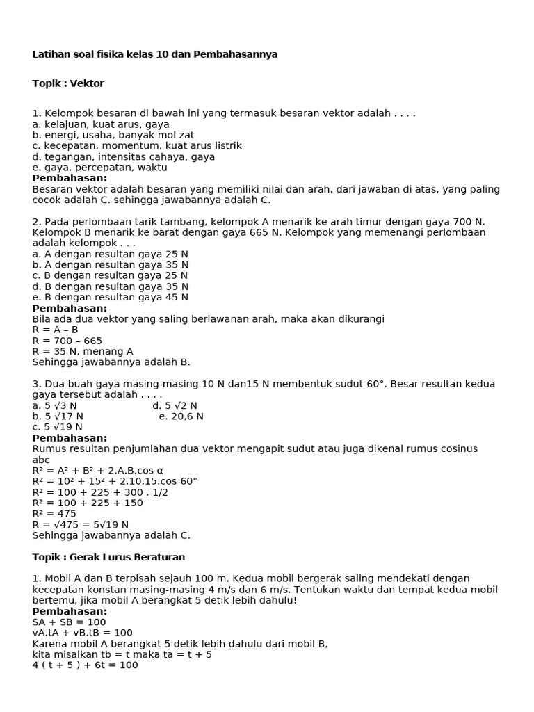 Latihan Soal Fisika Kelas 10 Dan Pembahasannya | PDF