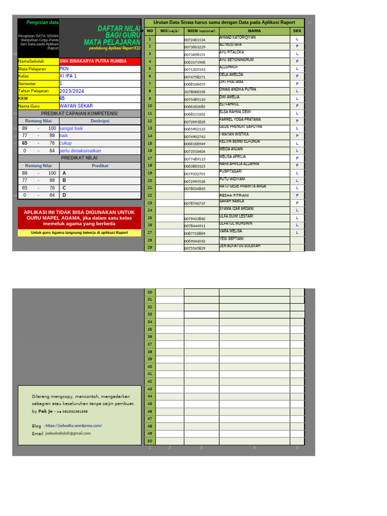 Blangko Nilai Mapel Xi Ipa 1 | PDF