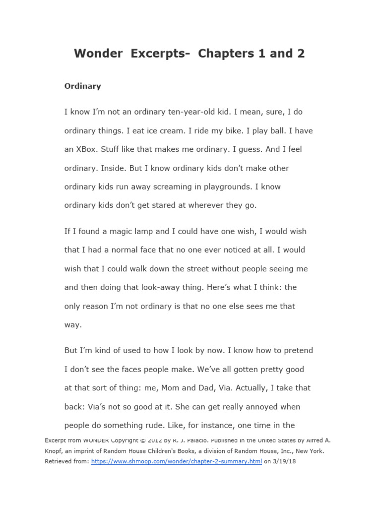 13 Ordinary and Why I Didnt Go To School (Wonder Excerpts) T1 G4 U1 | PDF