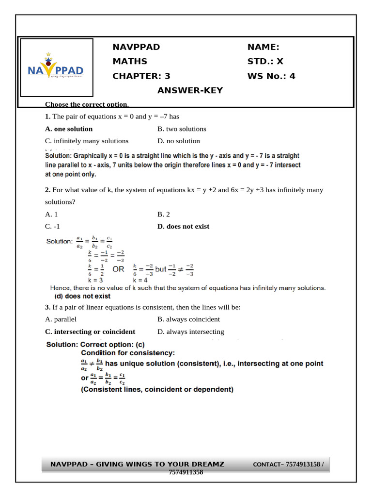 CH 3 Pair of Linear Eq Class 10 WS 4 (AP) | PDF