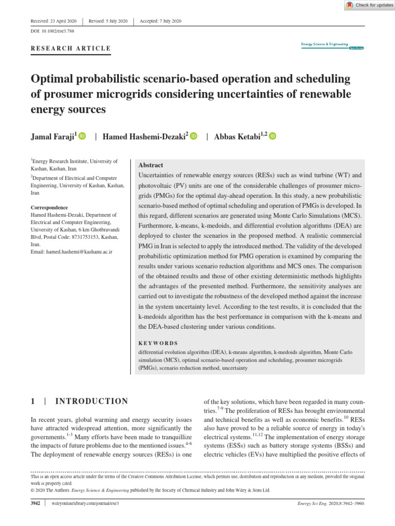 Energy Science Engineering - 2020 - Faraji - Optimal Probabilistic Scenario Based Operation and ...