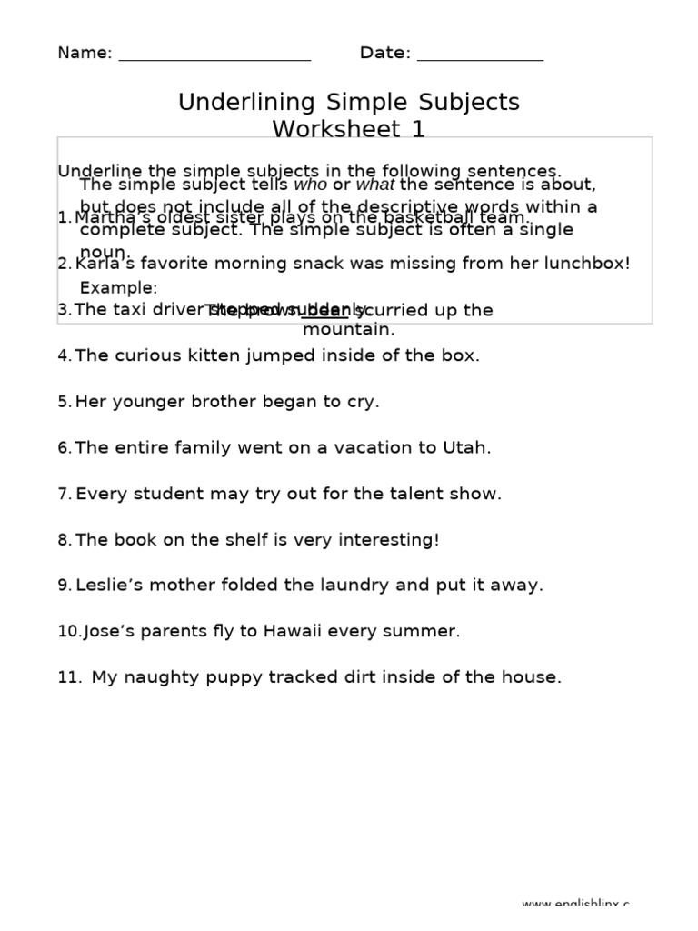 Underlining Simple Subject 1 | PDF
