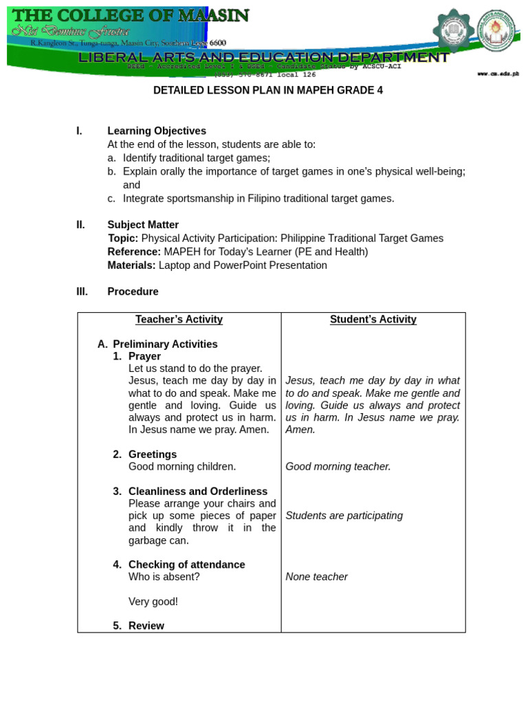 DETAILED LESSON PLAN IN MAPEH GRADE 4 | PDF