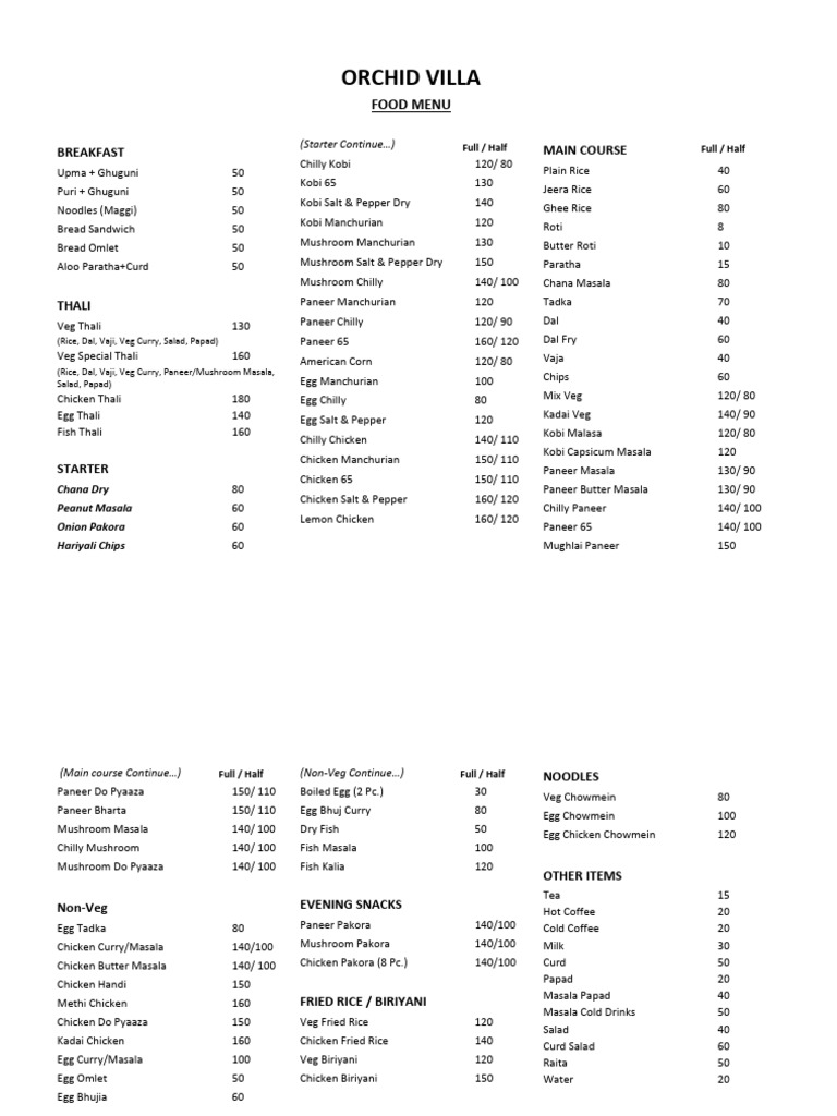Food Menu - Orchid | PDF