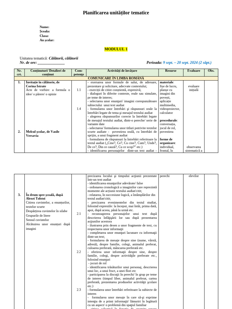 Proiectarea Unitatilor Tematice Clasa A Iia A 20242025 | PDF