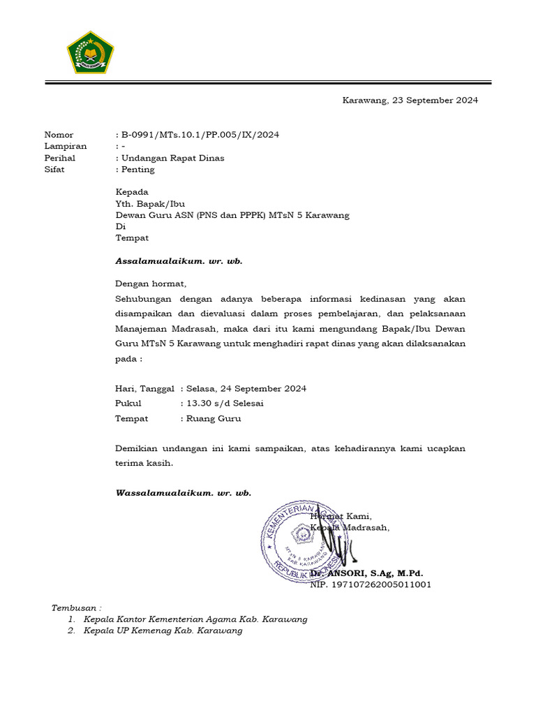 Surat Undangan Rapat Dinas 24 September 2024 | PDF