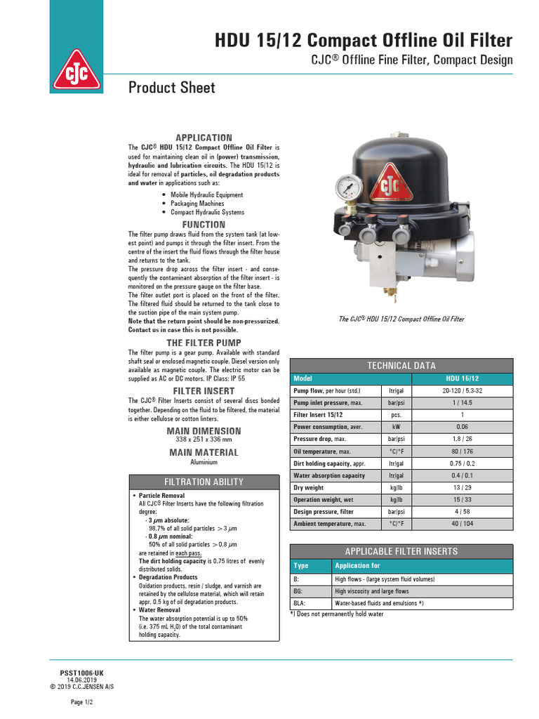 HDU 15/12 Compact Offline Oil Filter: Product Sheet | PDF