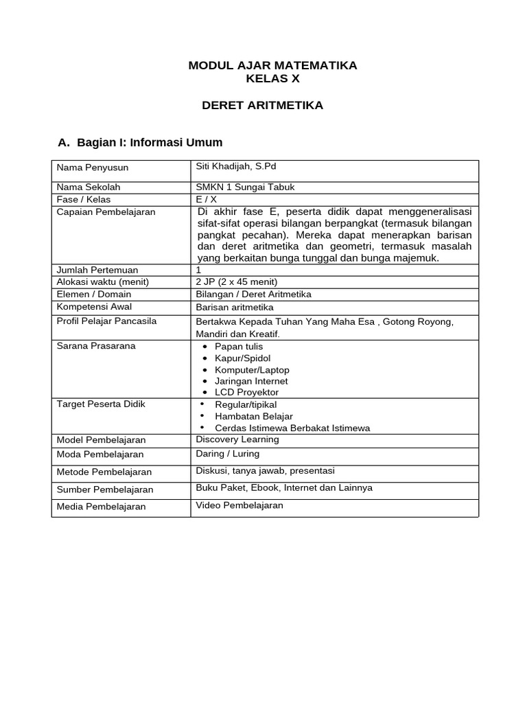 Modul Ajar1 - Bilangan - Deret Aritmatika | PDF