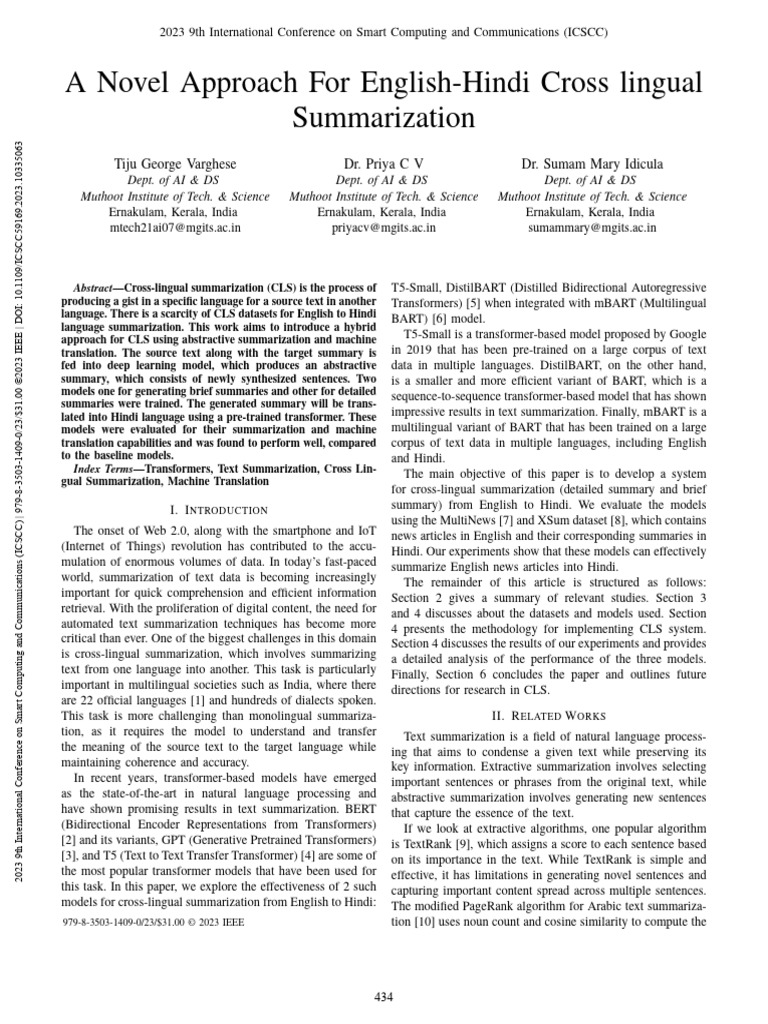 A Novel Approach For English-Hindi Cross Lingual Summarization | PDF