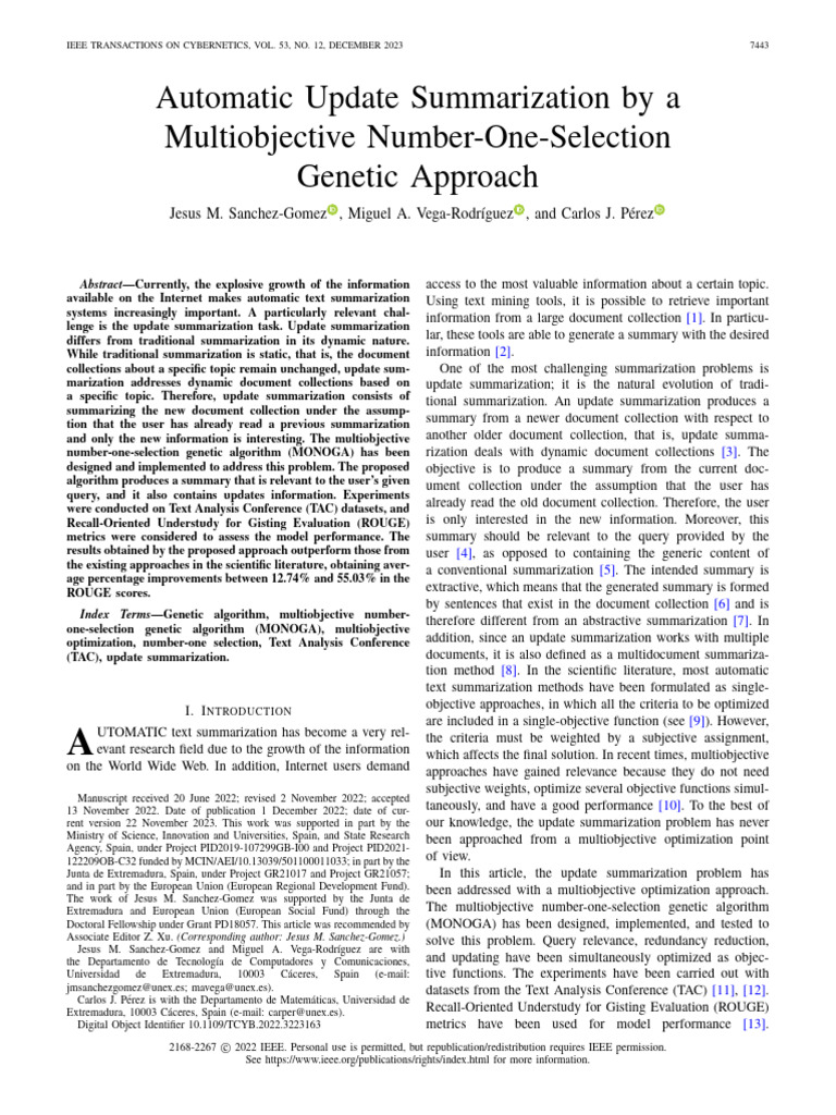 Automatic Update Summarization by A Multiobjective Number-One-Selection Genetic Approach | PDF
