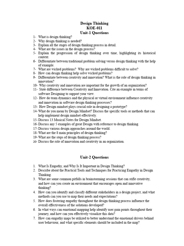 Question Bank Unit 1&2 KOE077 Design Thinking | PDF | Design Thinking | Career & Growth