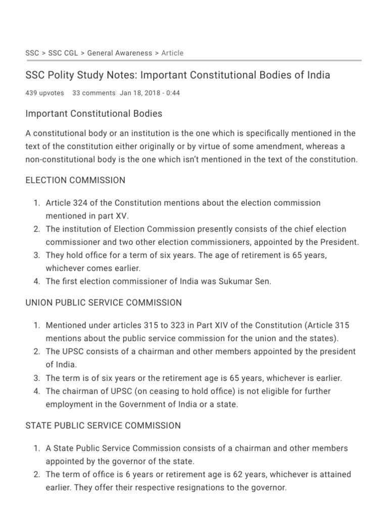 Important Constitutional Bodies of India | PDF | Public Law | Governance