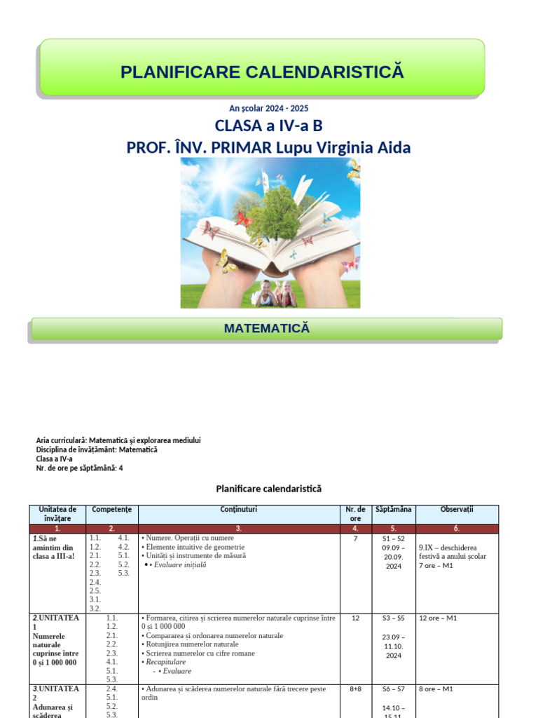 Artklett 20242025 Mate Cls 4 Planificare Calendaristica | PDF