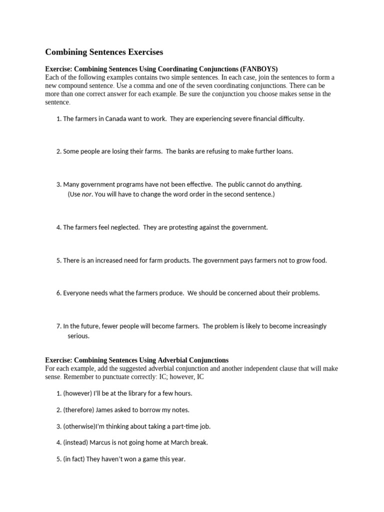 Combining Sentences Exercises | PDF