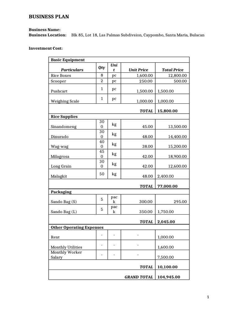 Business Plan (Rice Retailing Business) | PDF