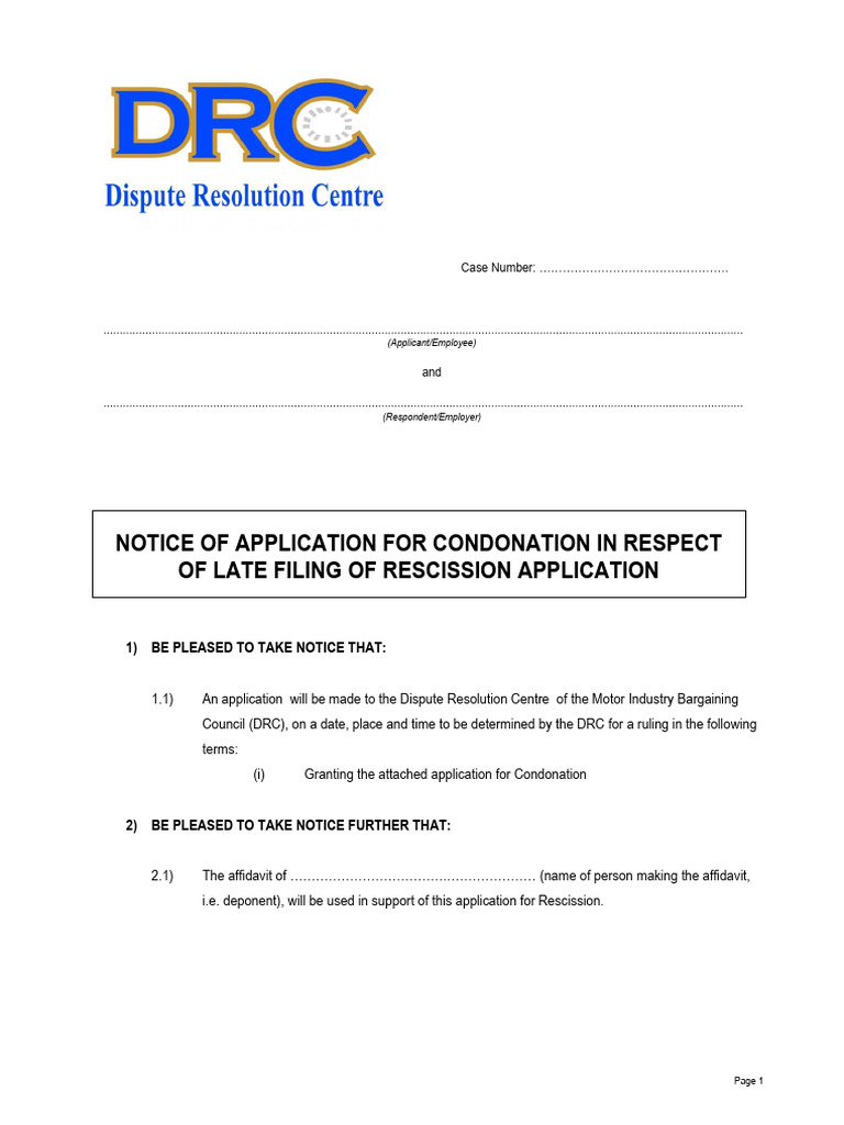 Application To Condone The Late Filing of A Rescission Application | PDF