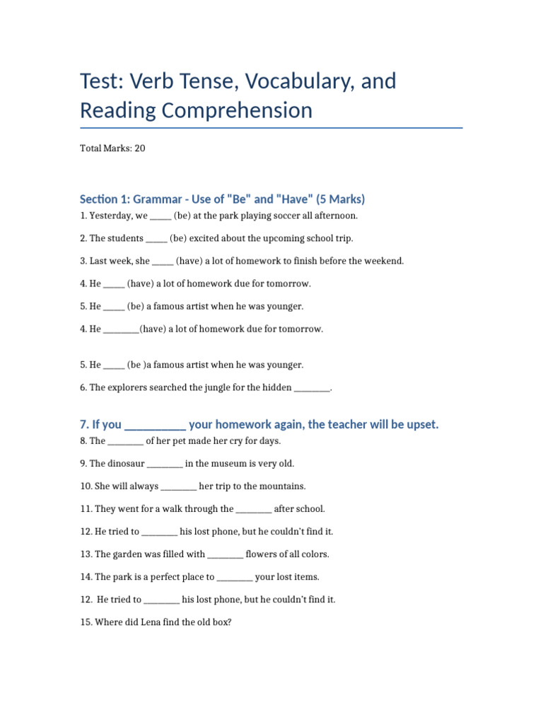 Final Numbered Verb Tense Vocabulary Reading Comprehension Test | PDF
