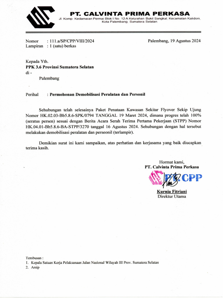 SURAT DEMOBILISASI PERSONIL DAN PERALATAN CPP | PDF