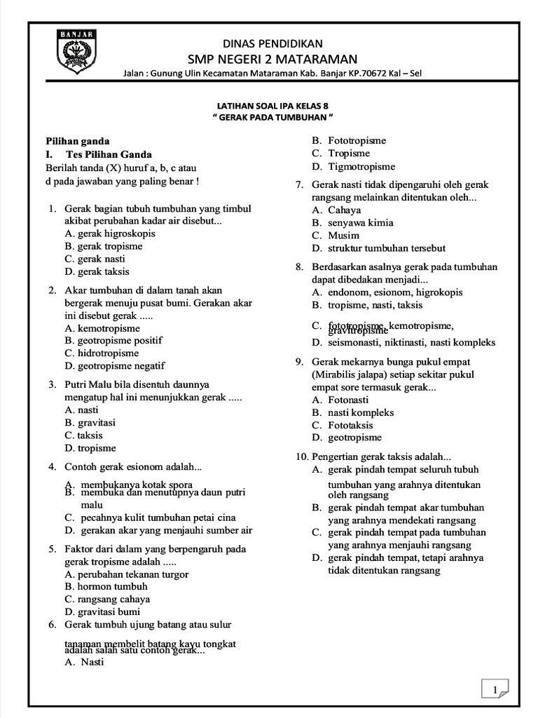 PDF Latihan Soal Ipa Kls 8 Gerak Pada Tumbuhan - Compress | PDF