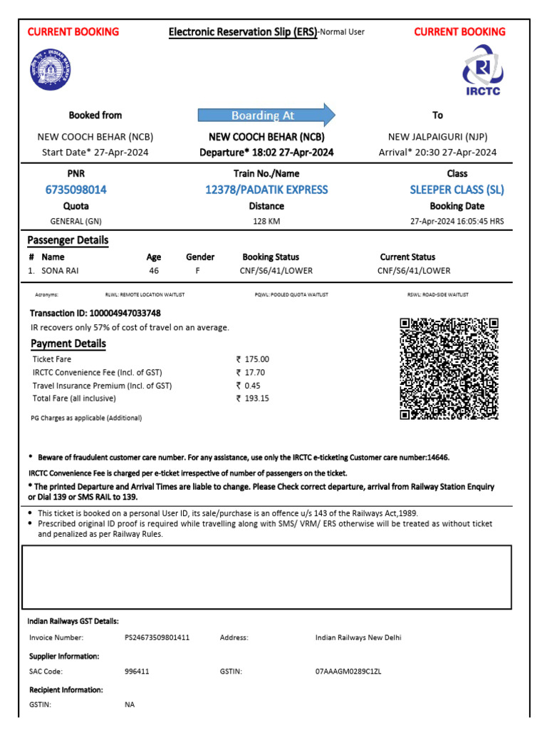 12378/padatik Express Sleeper Class (SL) | PDF