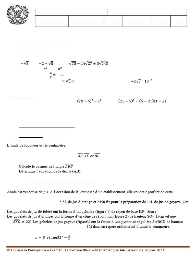 Math BEPC Blanc N°1 Jan 2023 | PDF