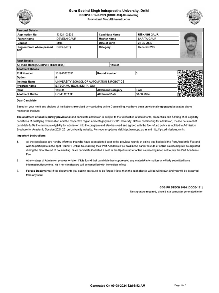 Seat Allotment Letter Aids | PDF