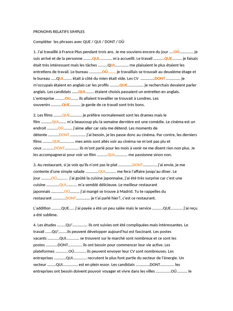pronoms relatifs simples exercices | PDF