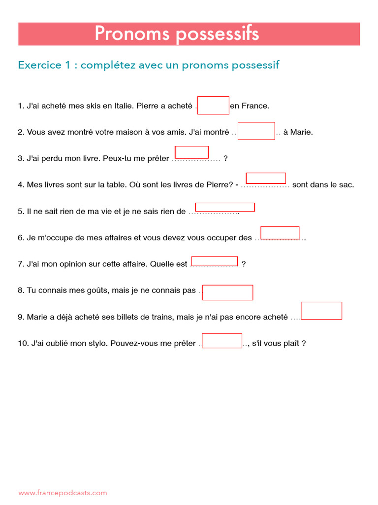 Pronoms Possessifs Exercice | PDF