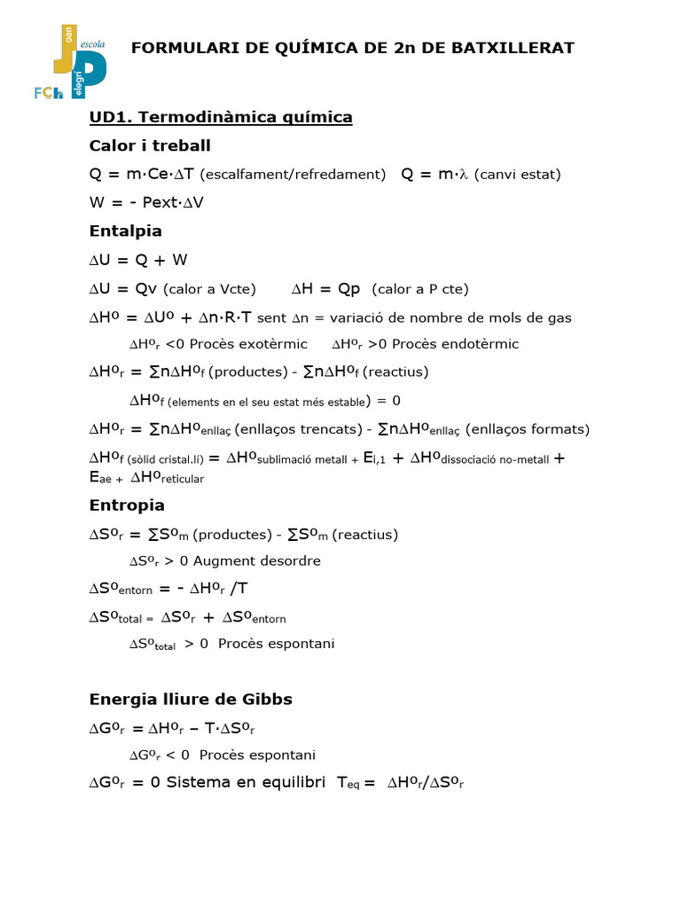 FORMULARI Termodinamica | PDF