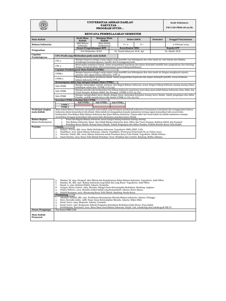 FM-UAD-PBM-08-02_R1_Form_RPS Bahasa Indonesia 13 Februari 2023 | PDF