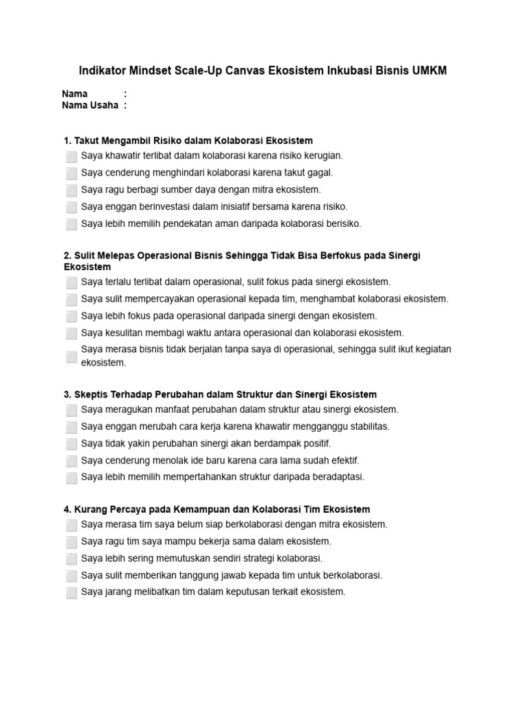 Indikator Mindset Scale-Up Canvas Ekosistem Inkubasi Bisnis UMKM - 3 | PDF