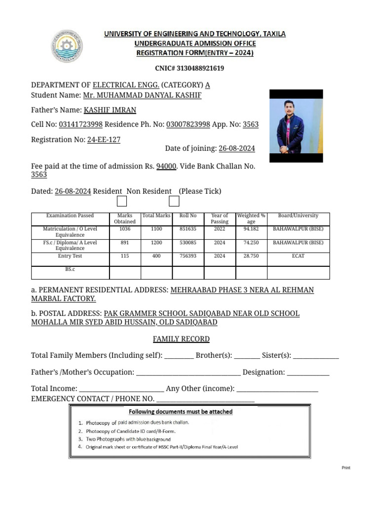 Registeration Card Form | PDF