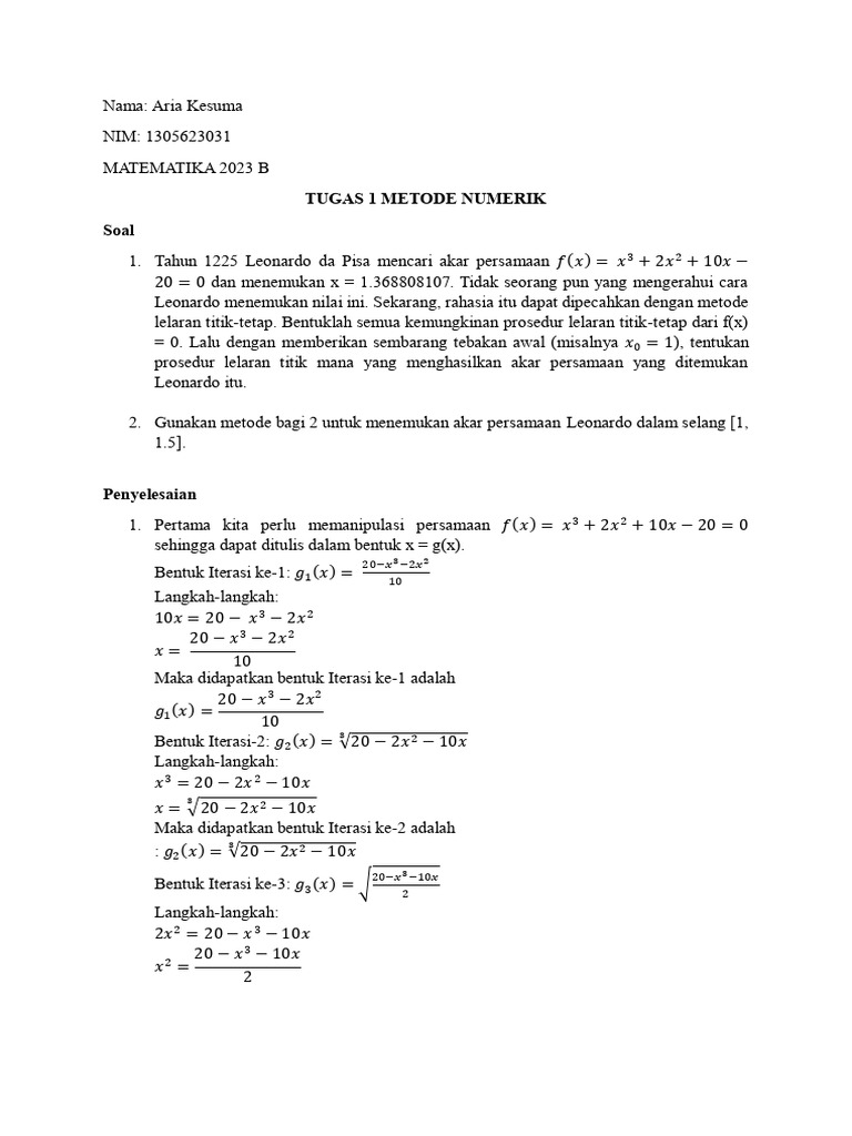 Tugas 1 Metode Numerik - Aria Kesuma - 1305623031 | PDF