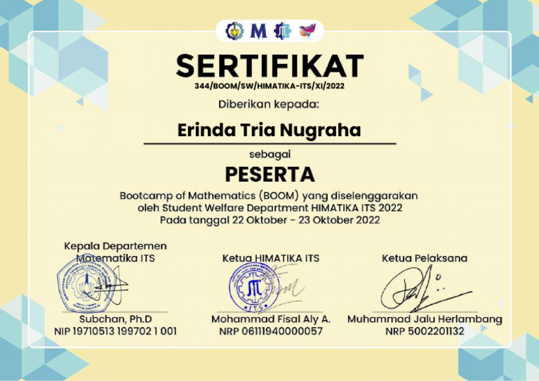 SERTIFIKAT ''Basic Excel - Bootcamp of Mathematics (BOOM) '' | PDF