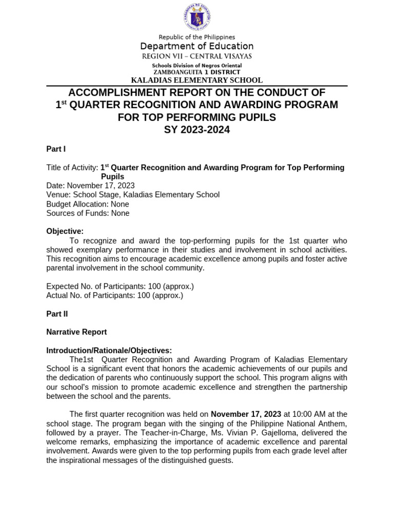 ACR for Recognition Day 1st quarter SY 2023-2024 | PDF