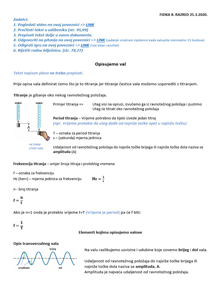 Fizika 8 Razred 25.3.2020. Opis Vala I Brzina Valova | PDF