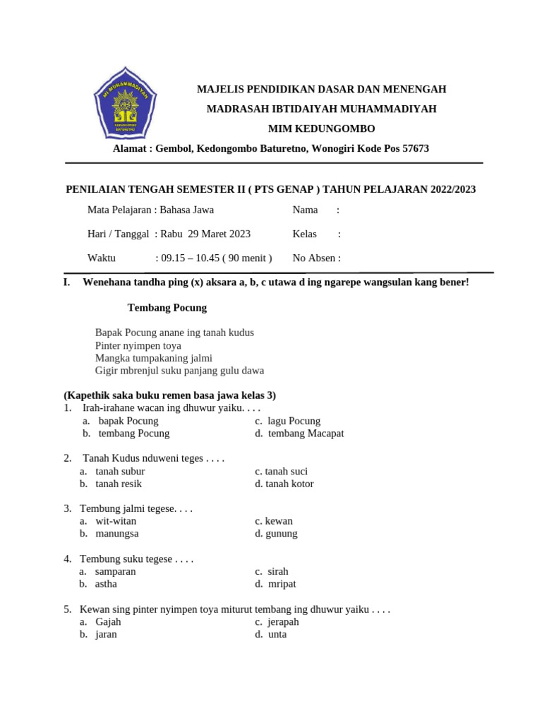 SOAL PTS Bahasa Jawa KLS 3 SMT II TH 2022-2023 | PDF