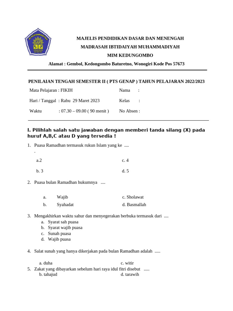SOAL PTS Fikih KLS 3 SMT II TH 2022-2023 | PDF